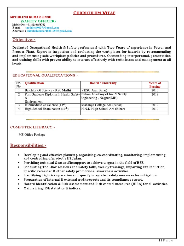 Mithilesh Resume | PDF | Safety | Risk Assessment