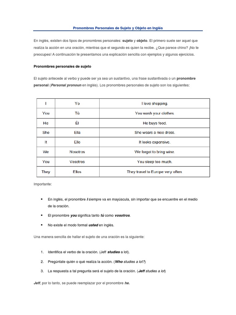 Hoja De Trabajo Sobre Pronombres Sujeto Y Objeto Trabaja Los