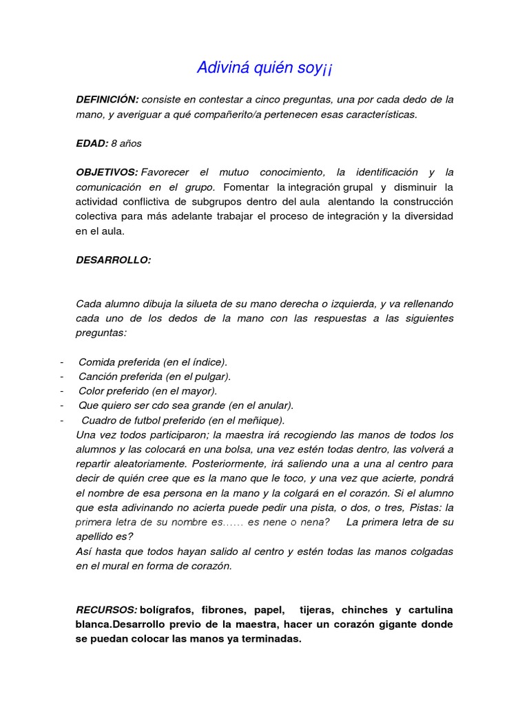Adivina Quién Soy: Actividad Infantil | PDF