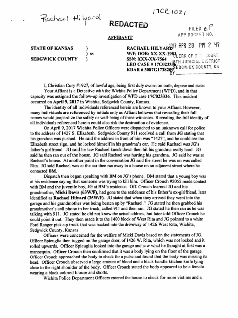 Rachael Hilyard Probable Cause Affidavit Pdf Forensic Science
