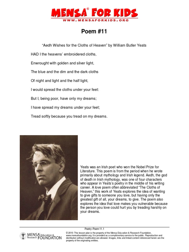 Aedh Wishes For The Cloths of Heaven - Poem PDF | PDF | W. B. Yeats ...