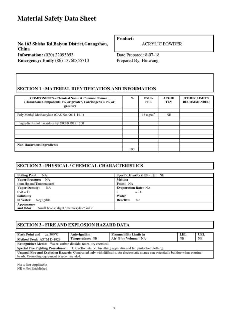 Acrylic Powder MSDS | PDF | Hypothermia | Water