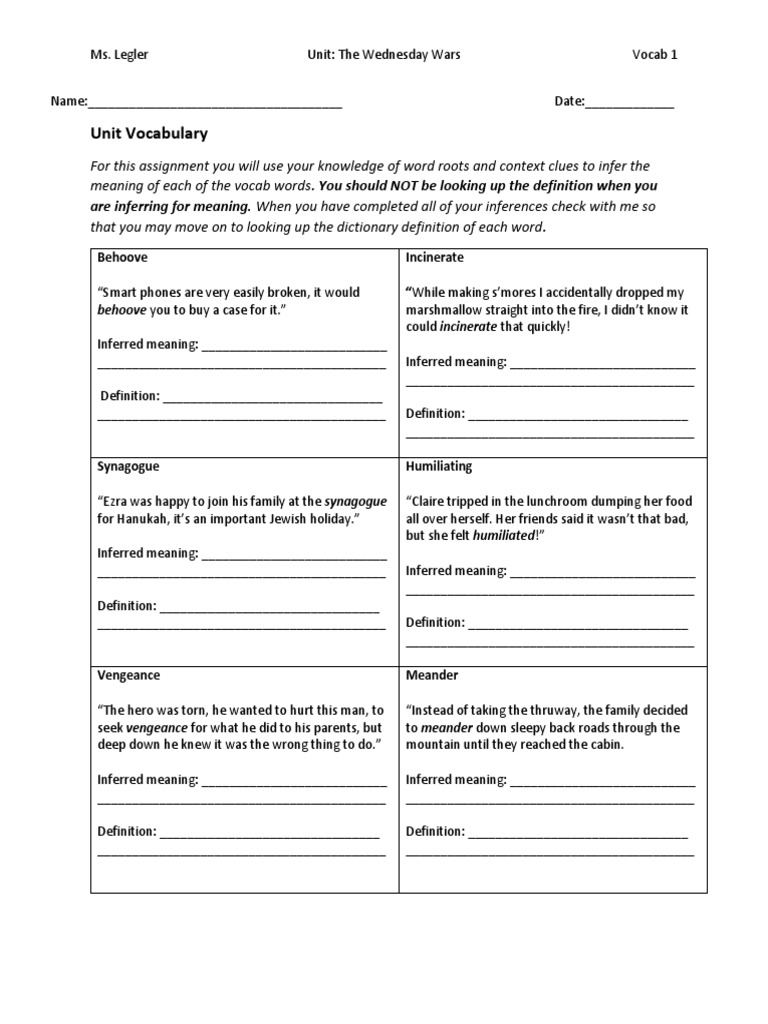 The Wednesday Wars Vocab Worksheet | PDF