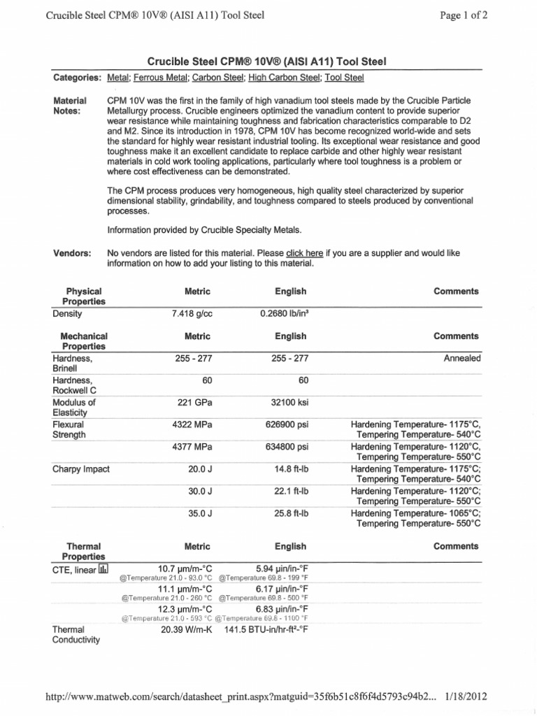 Data Sheet For CPM 10V (AISI A11) Tool Steel PDF | PDF