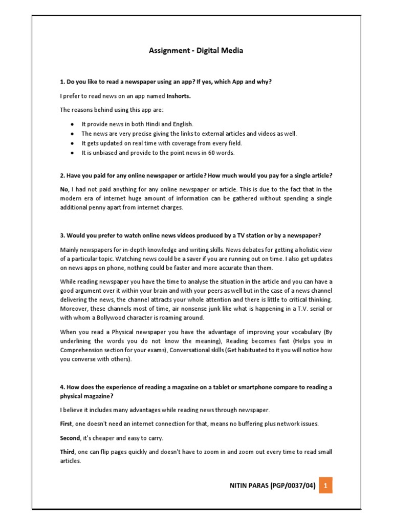 Assignment - Print Media PDF | PDF | News | Newspapers