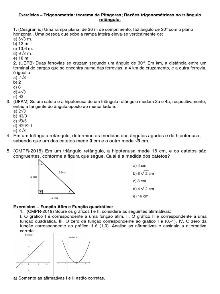 Exercícios Trigonometria 1 | PDF | Trigonometria | Triângulo