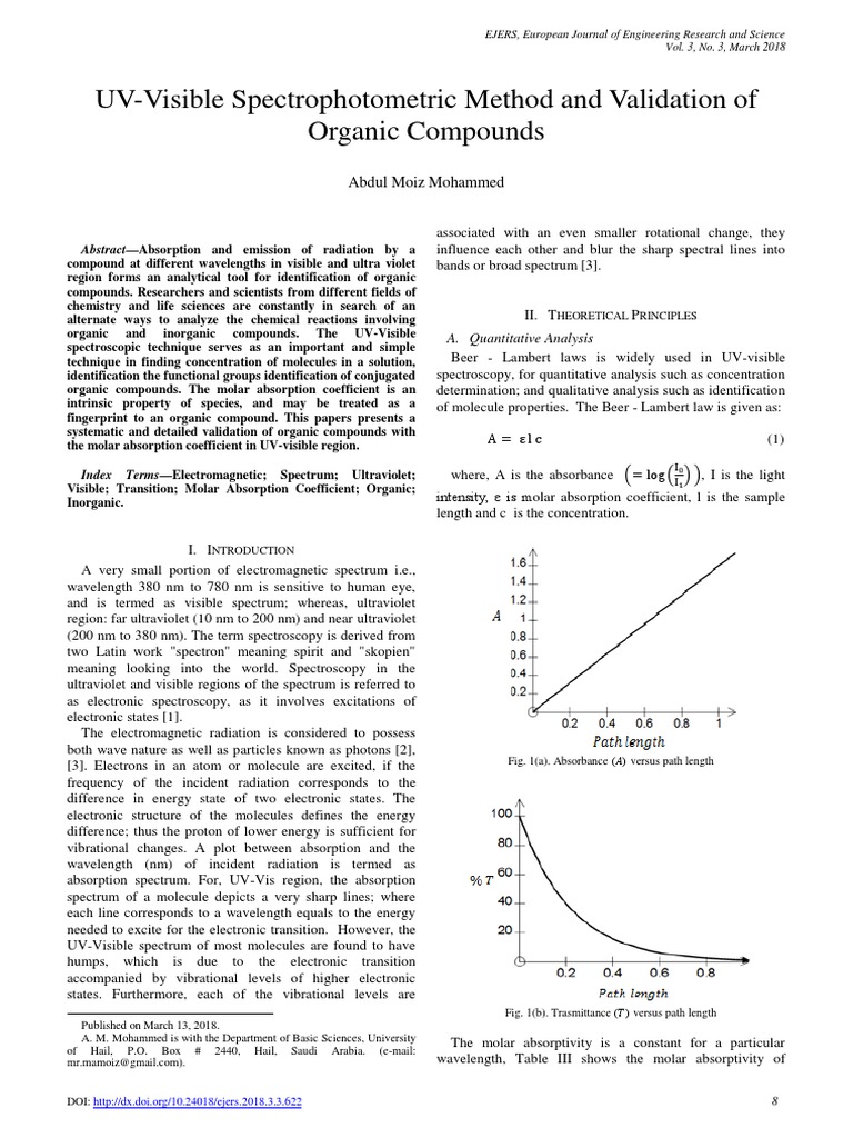 UV-Visible Spectrophotometric Method and Validation of Organic Compounds | PDF | Absorption ...