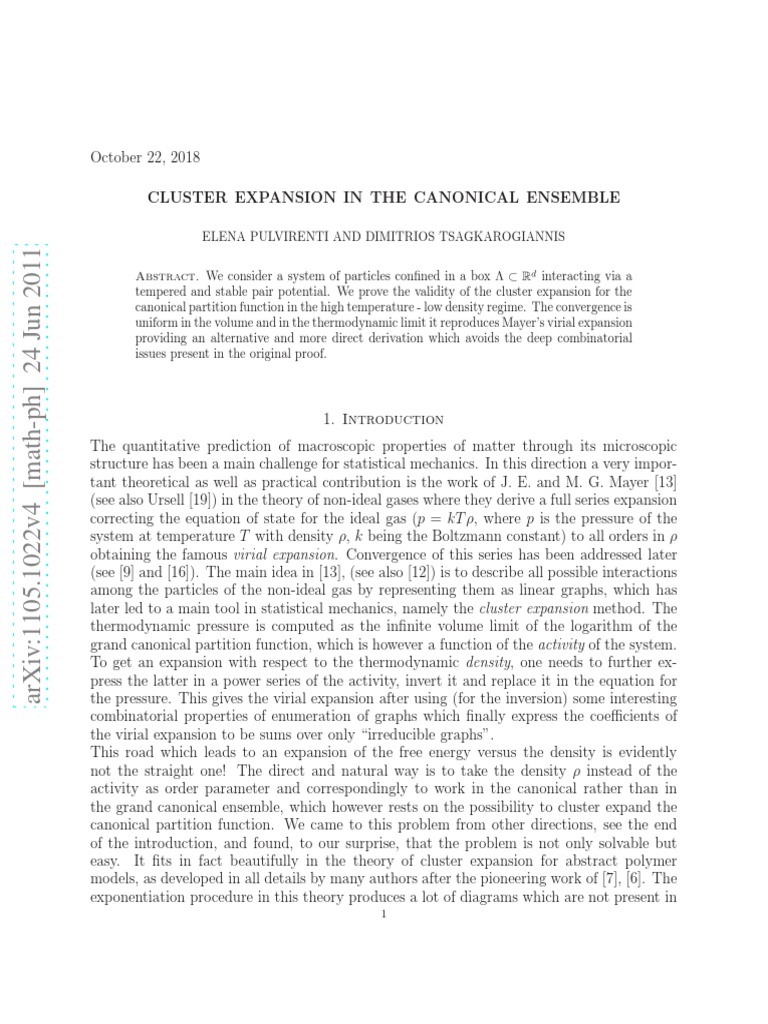 Cluster Expansion in The Canonical Ensemble | PDF | Gases | Mathematical Relations