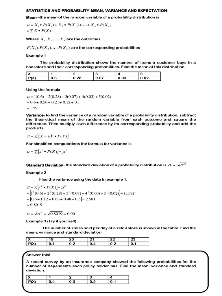 Mean, Variance and Standard Deviation Notes | PDF
