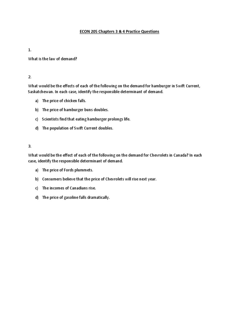 ECON 205 Chapters 3 & 4 Practice Questions | PDF | Supply And Demand ...