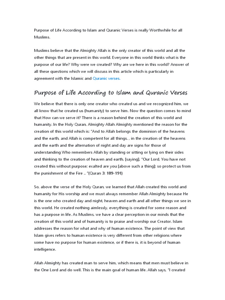 Purpose of Life According To Islam | PDF | God In Islam | Quran