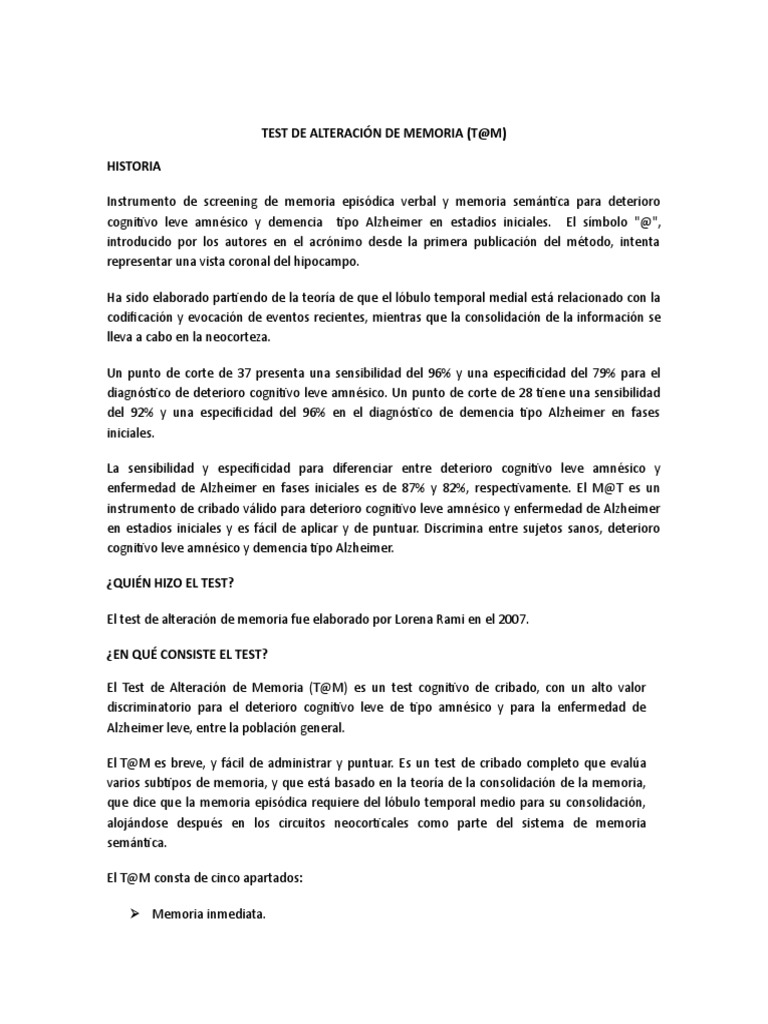 Test T@M de Alteración de Memoria | PDF | Enfermedad de Alzheimer | Memoria