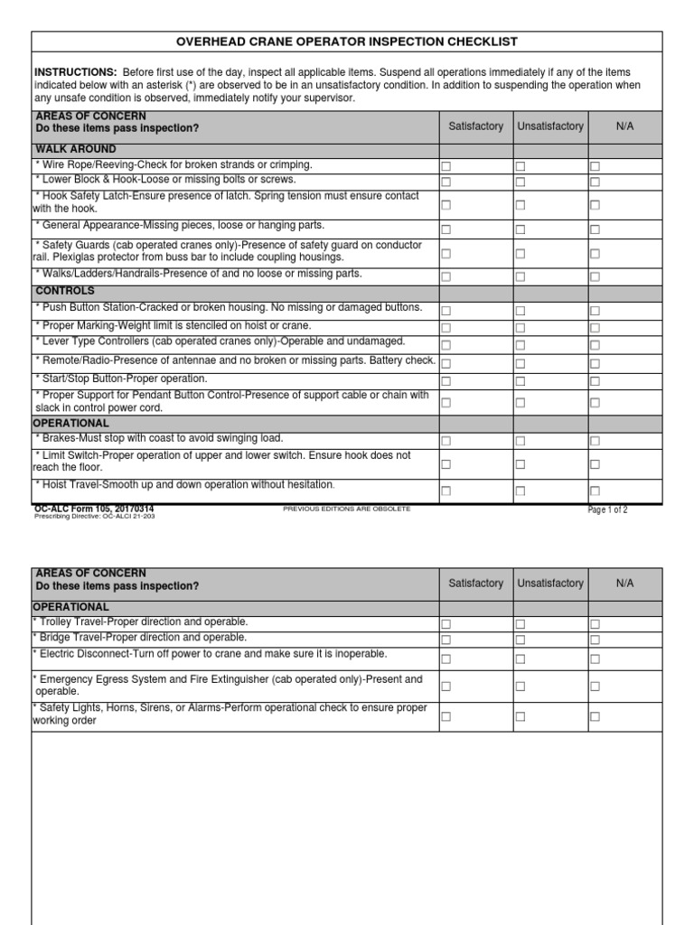Overhead Crane Operator Inspection Checklist | PDF | Crane (Machine ...