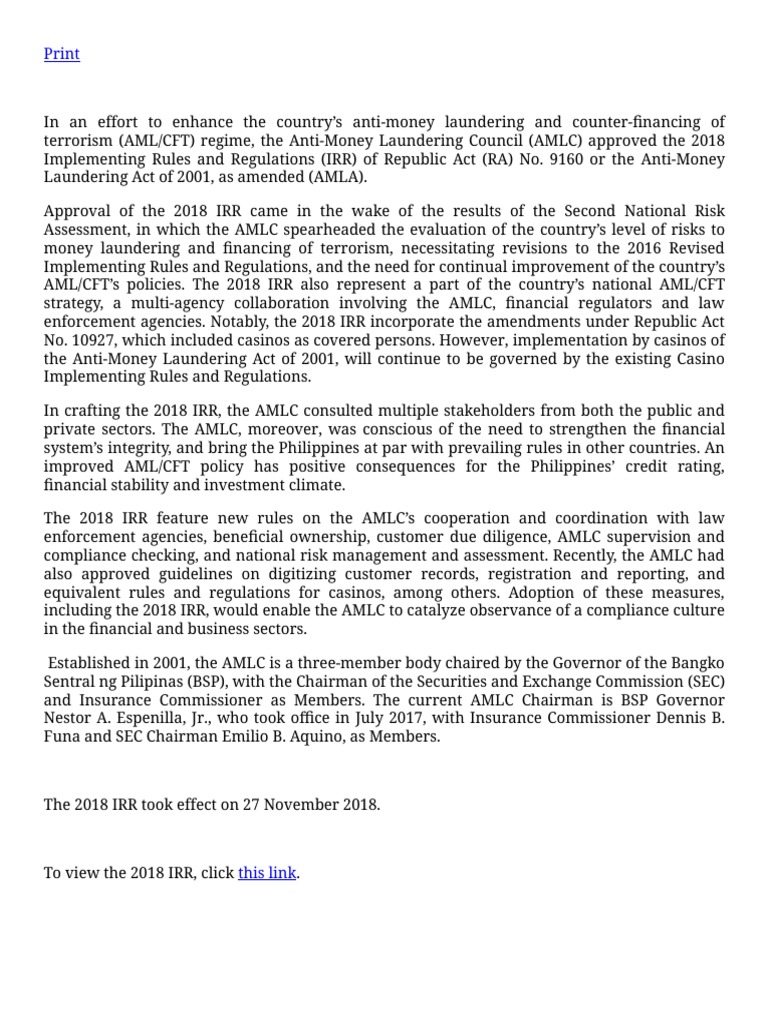 Amlc Approves 2018 Implementing Rules and Regulations of The Amla ...