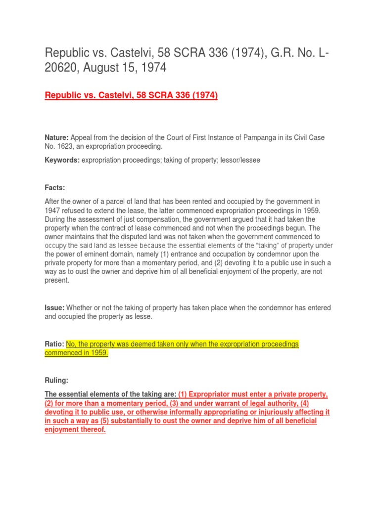 Republic vs. Castelvi | PDF | Lease | Eminent Domain