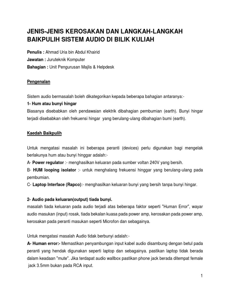 Jenis-jenis kerosakan sistem audio dan langkah-langkah baikpulih | PDF