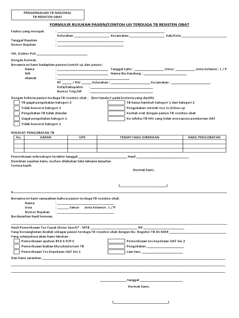 FORMULIR RUJUKAN TERDUGA TB RESISTEN OBAT New | PDF