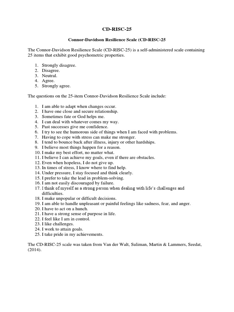 Connors Davidson Resilience 25 Test | PDF