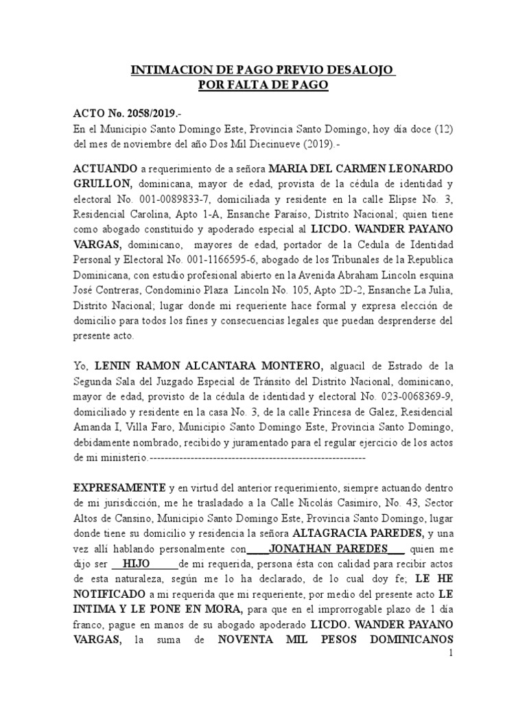 Intimación de pago previo a desalojo por falta de pago de alquiler ...