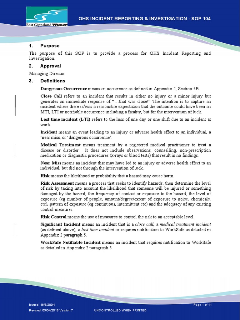 Sop 104 Oh S Incident Reporting and Investigation | PDF | Occupational ...