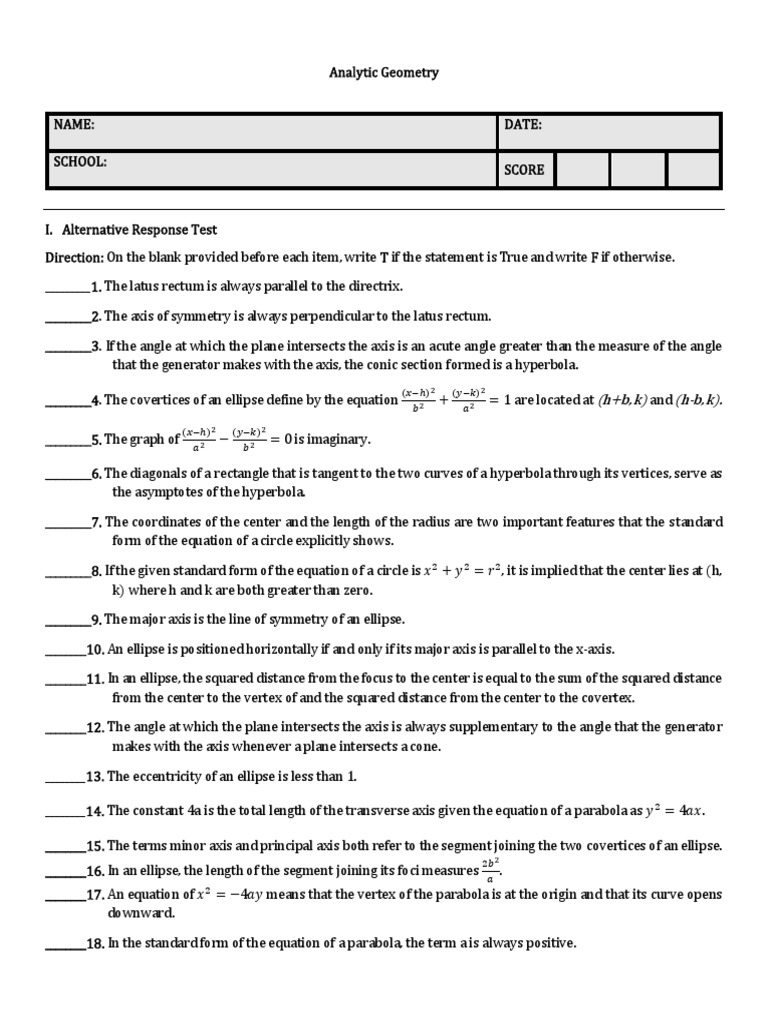 Analytic Geometry Final Test - 1 | PDF | Ellipse | Perpendicular