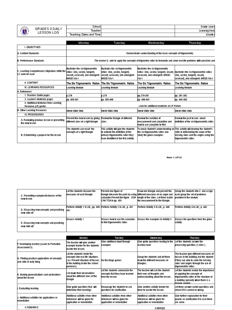 Applying Trigonometric Ratios: A Detailed Lesson Plan for Teaching High ...