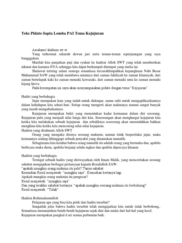Teks Pidato Sapta Lomba PAI | PDF