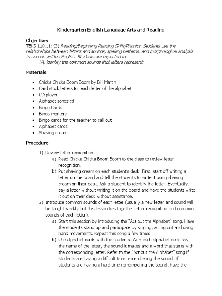 Kindergarten English Language Arts and Reading Objective | PDF ...
