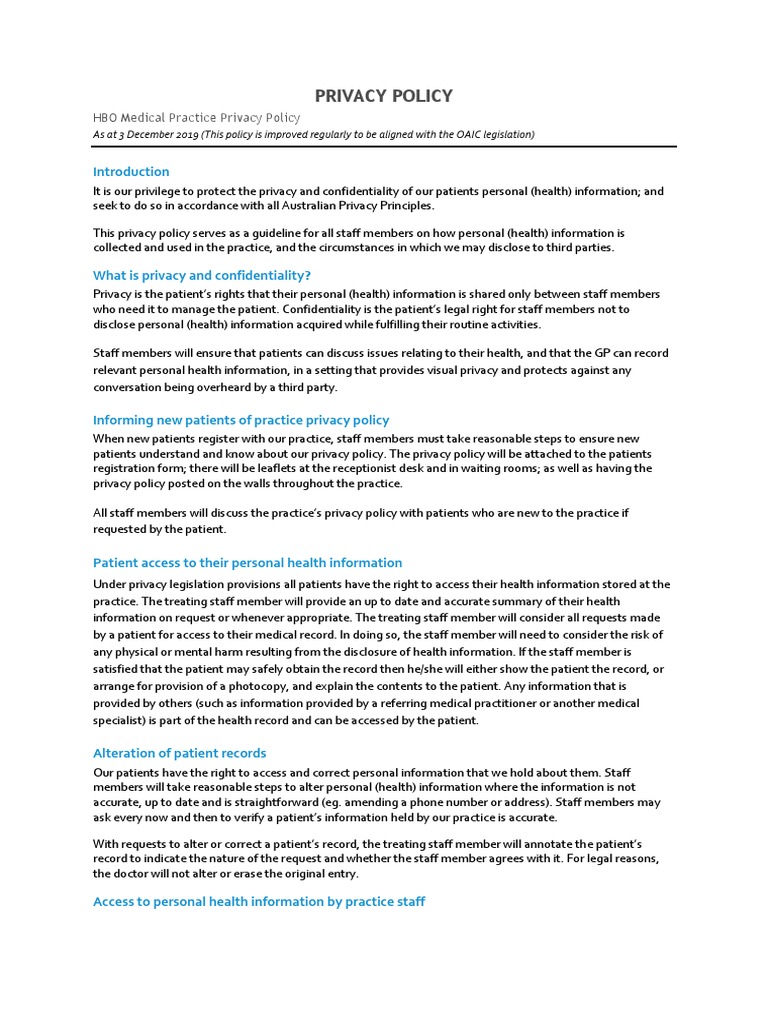 HBO Medical Practice Privacy Policy | PDF | Medical Record | Health ...