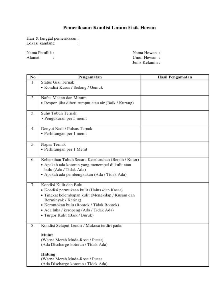 Form Pemeriksaan Kondisi Umum Fisik Hewan | PDF