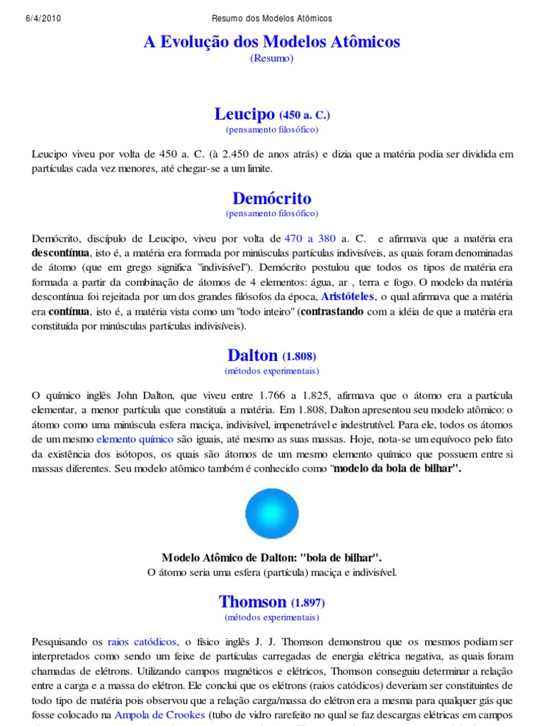 Resumo Dos Modelos Atômicos | PDF | Elétron | Átomos