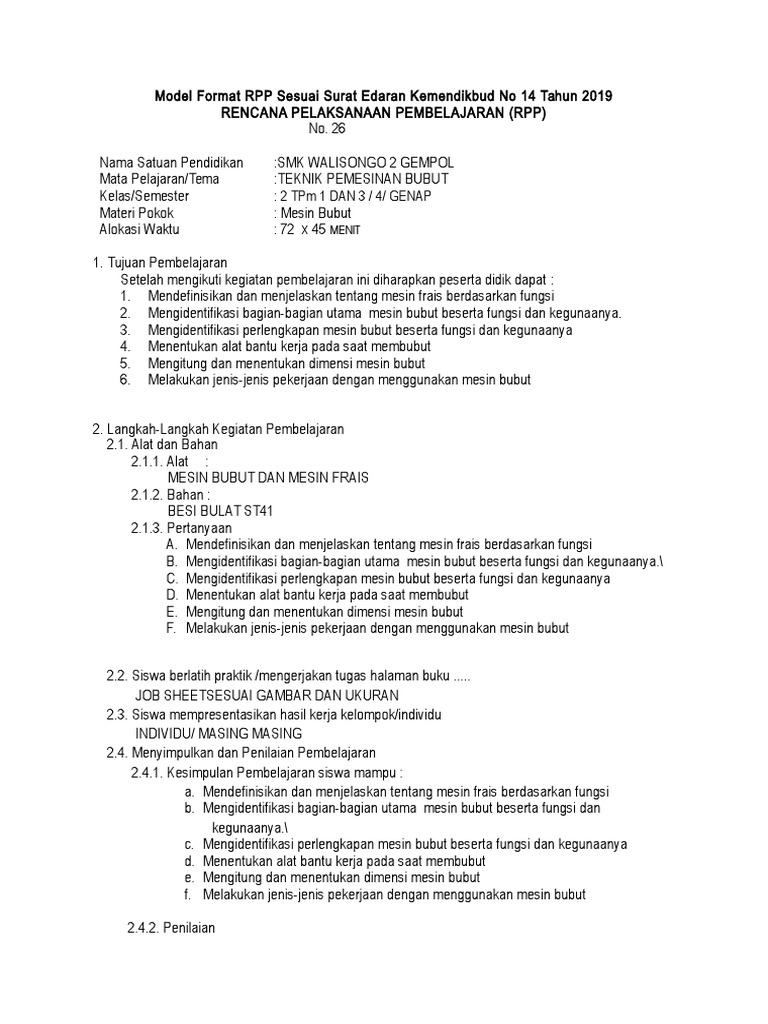 Format RPP Sesuai Surat Edaran Mendikbud No 14 Tahun 2019 | PDF