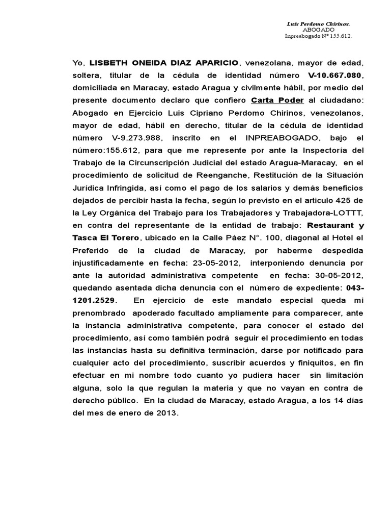 Carta Poder de Lisbeth Diaz Inspectoria Del Trabajo | PDF | Gobierno | Esfera pública