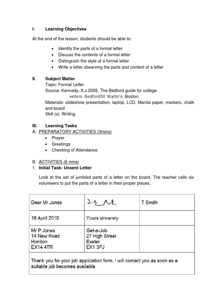 Formal Letter Writing Lesson Plan | PDF | Paragraph | Lesson Plan