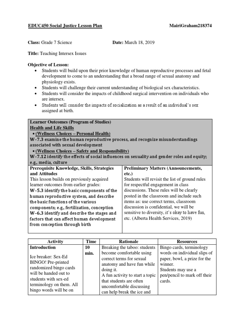 Educ450 Social Justice Lesson Plan | PDF | Intersex | Gender