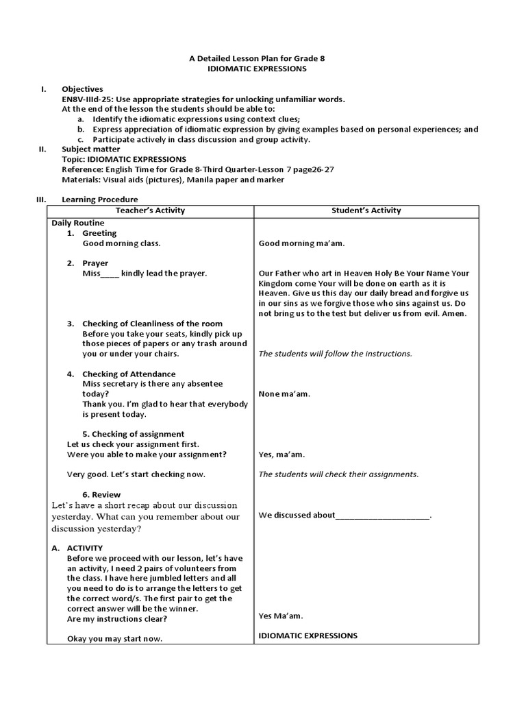 Lesson Plan Idioms | PDF | Idiom | Cognition