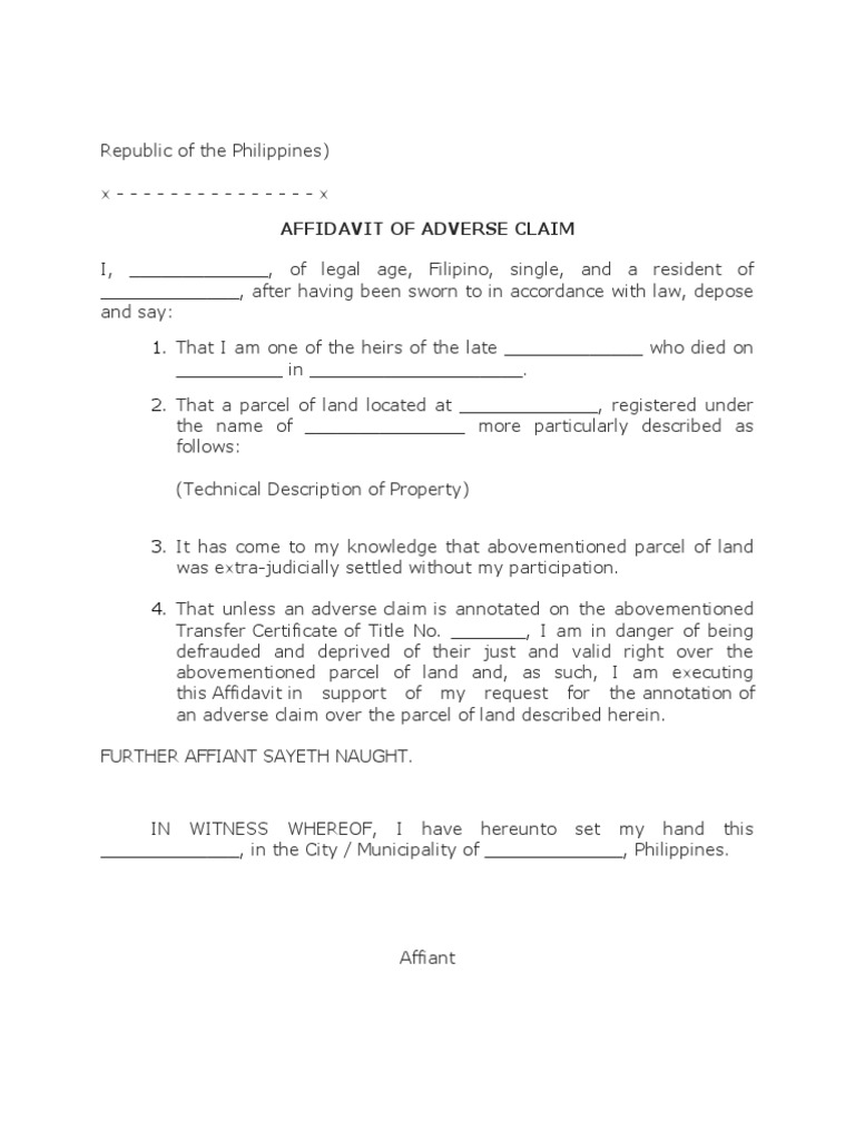 Affidavit of Adverse Claim Template | PDF