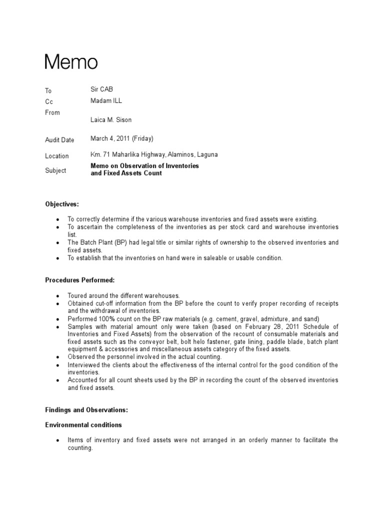 SCRIBD - Memo On Observation of Inventories and Fixed Assets Count For ...