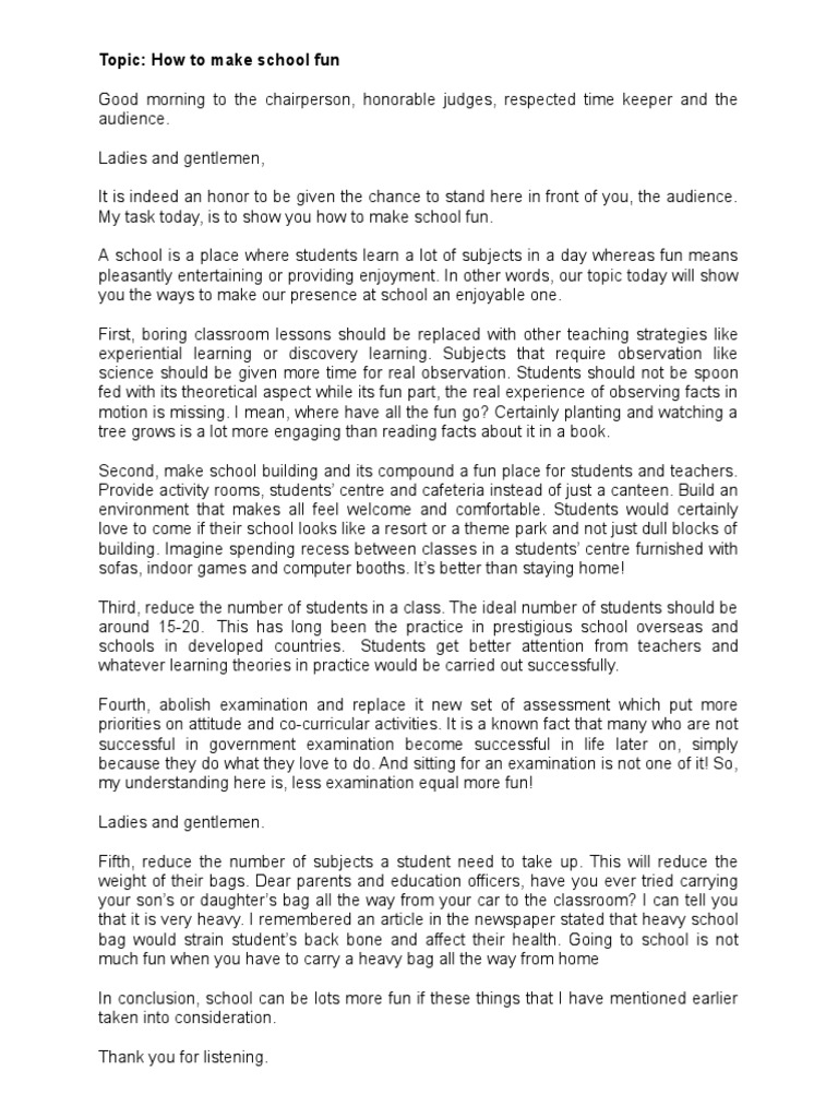 How To Make School Fun Public Speaking Script | PDF | Classroom | Teachers