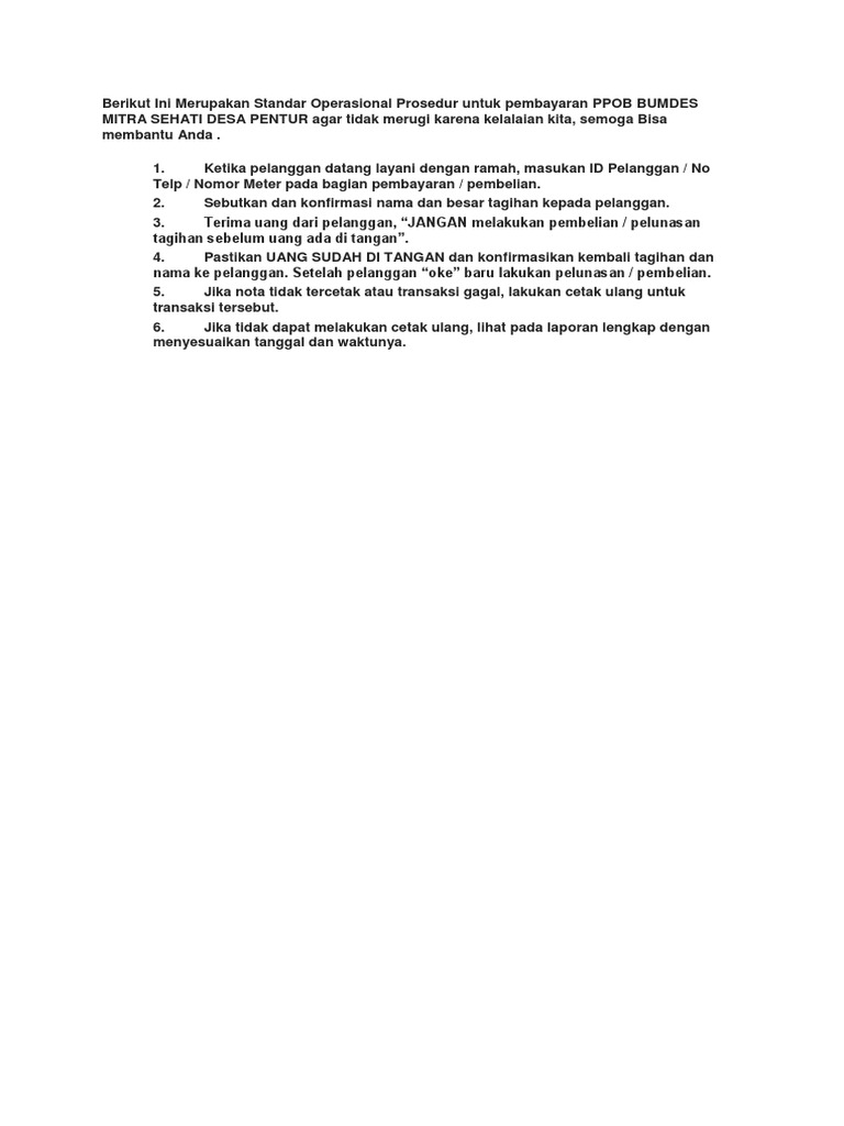 SOP Pembayaran PPOB BUMDES Mitra Sehati | PDF