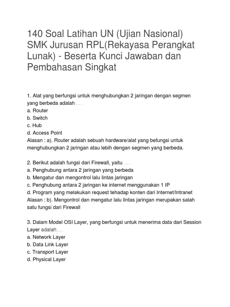 140 Soal Latihan UN RPL | PDF