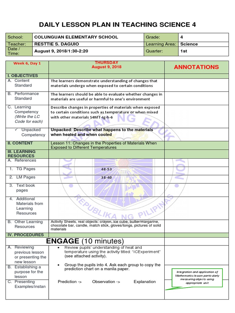 Detailed Lesson Plan On Changes in Matter Science 4 | PDF | Lesson Plan ...