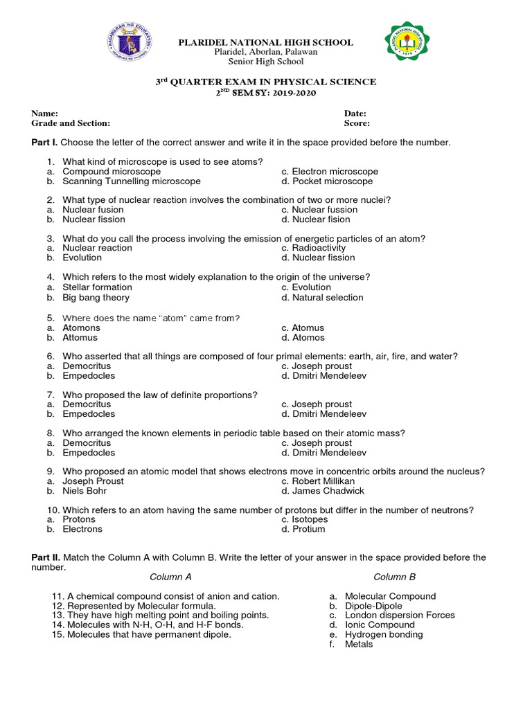 Physical Science 3rd Quarter Exam | PDF | Atoms | Atomic Nucleus