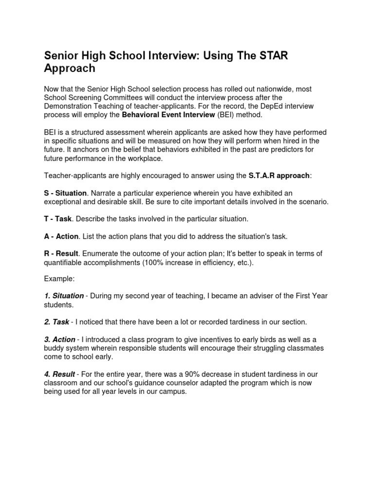 Senior High School Interview | PDF | Lesson Plan | Classroom Management