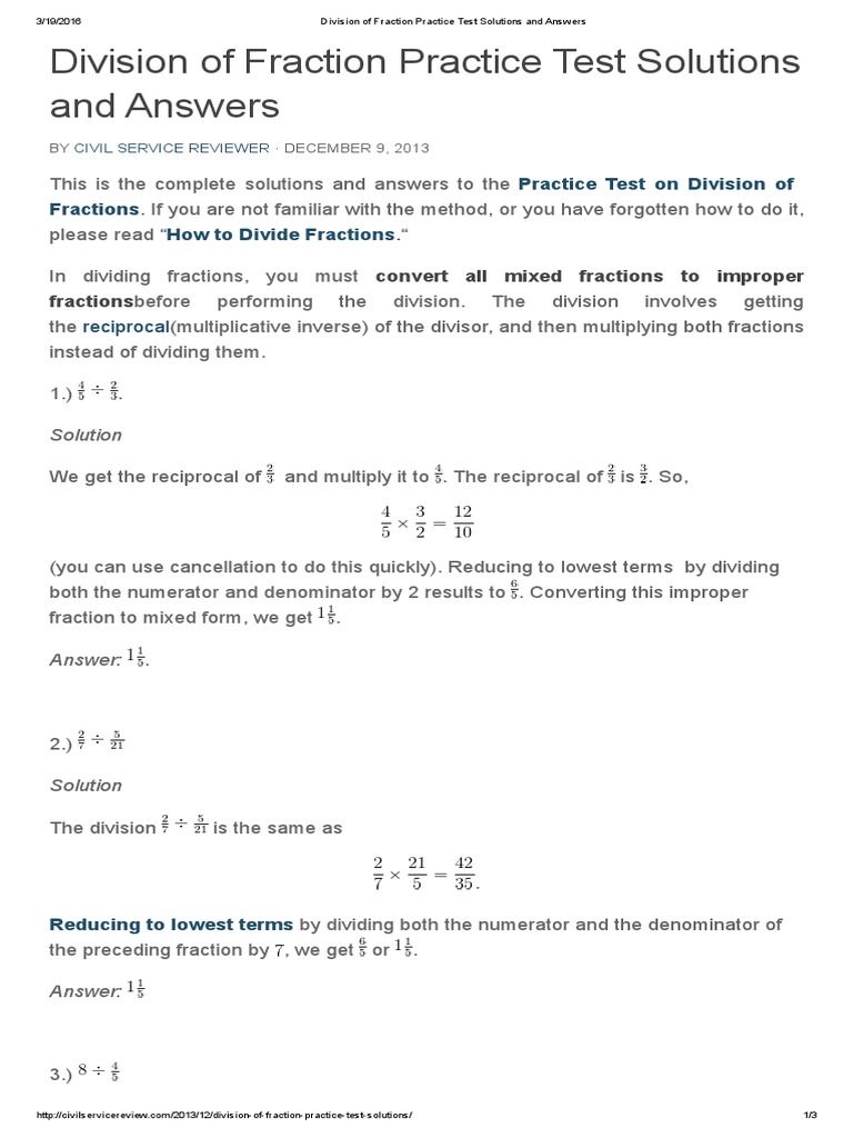 Division of Fraction Practice Test Solutions | PDF | Fraction ...