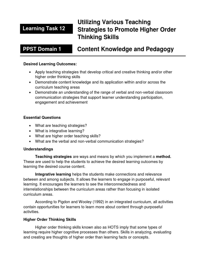 Promoting Higher Order Thinking Through Integrated Teaching Strategies ...