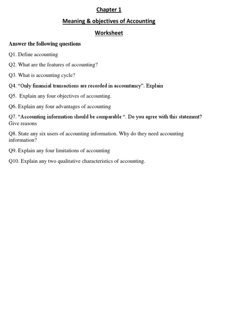 Accounting Chapter 1 Questions Meaning Objectives Worksheet | PDF