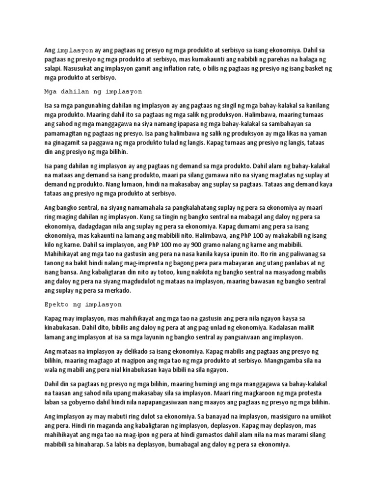 Ang Implasyon Ay Ang Pagtaas NG Presyo NG Mga Produkto at Serbisyo Sa ...