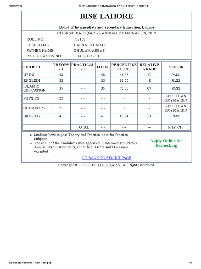 Bise Lahore Examination Result Status Sheet | PDF | Educational Stages ...