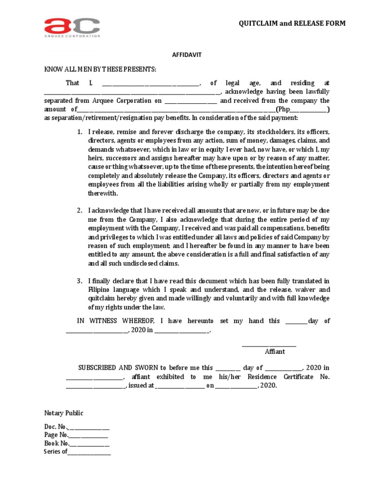Quitclaim and Release Form | PDF | Affidavit | Private Law